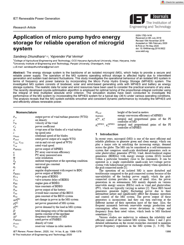 IET Renewable Power Gen - 2020 - Dhundhara - Application of Micro Pump Hydro Energy Storage For ...