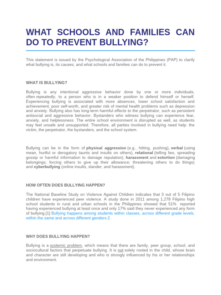 What Schools and Families Can Do To Prevent Bullying | PDF | Bullying | Problem Behavior