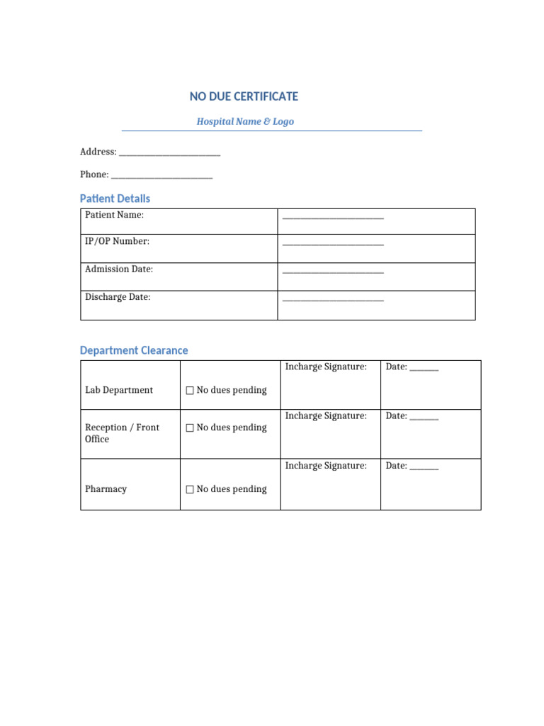 No Due Form Hospital No Final | PDF