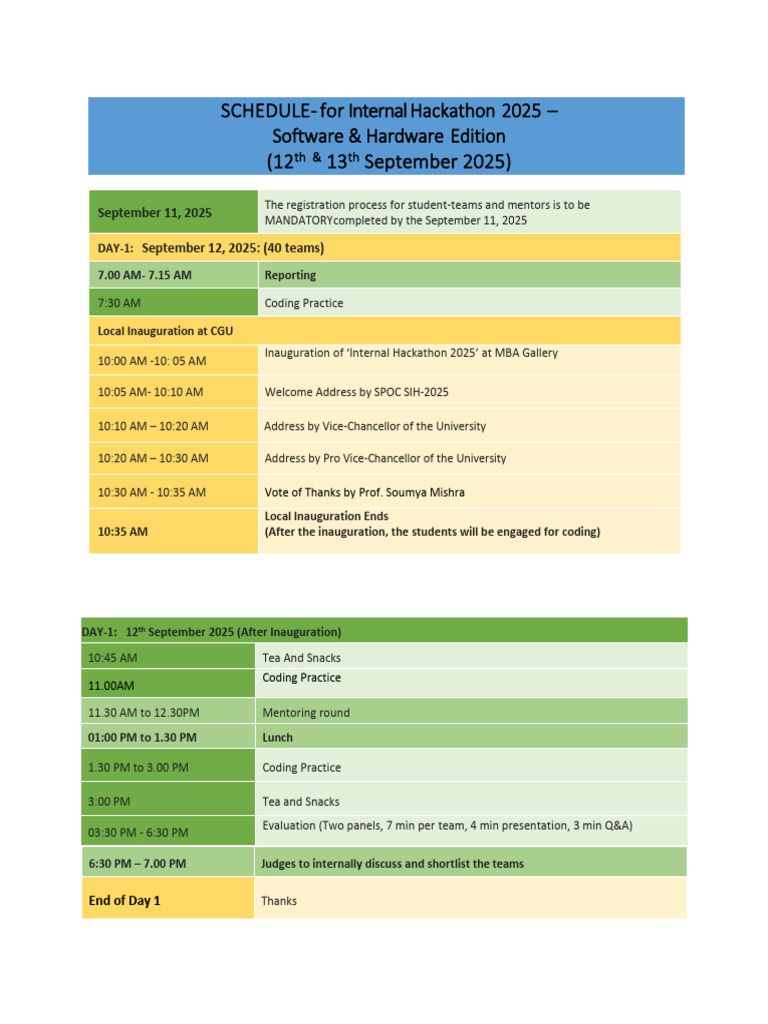 SIH 2025 Hackathon Schedule | PDF