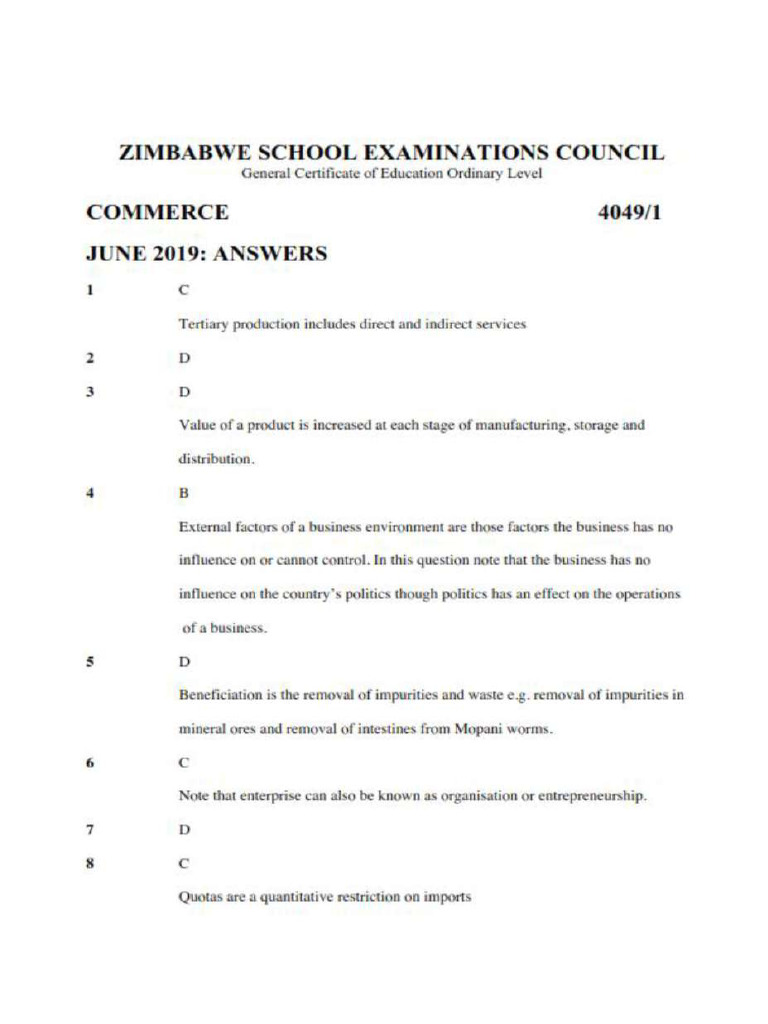 O-Levels Commerce 2019 Answers | PDF