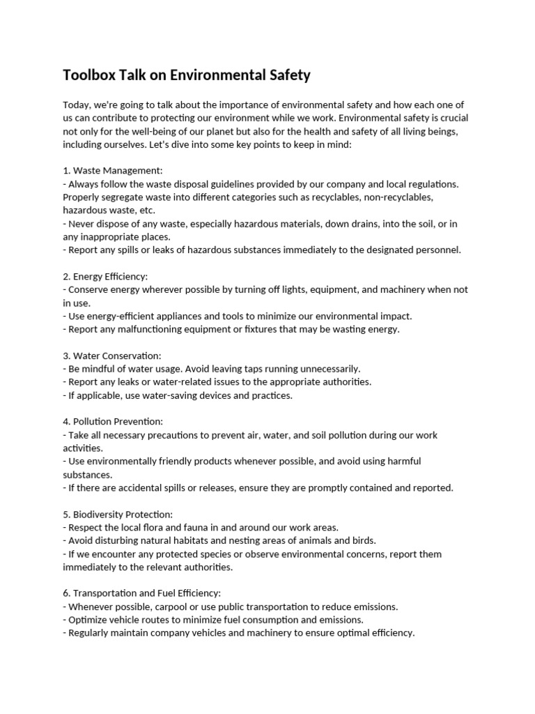 Toolbox Talk On Environmental Safety - 090151 | PDF | Waste ...