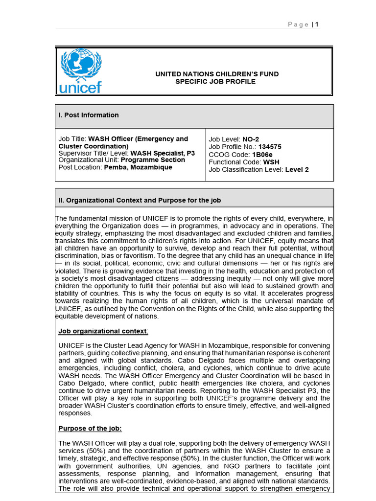 WASH Officer Job Profile - UNICEF Mozambique | PDF | Wash | Emergency ...