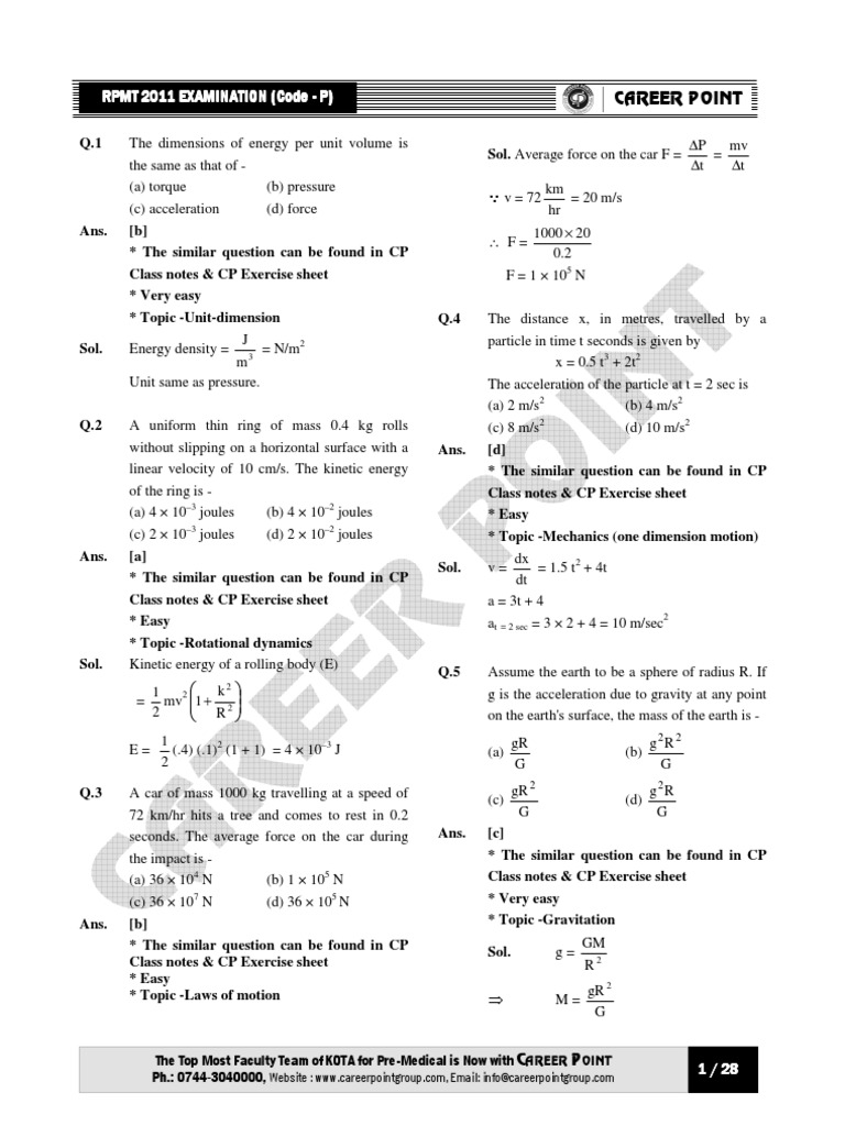 RPMT 2011 Question Paper Solutions | PDF | Acid Dissociation Constant ...