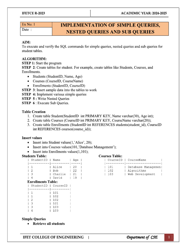 24-25 Dbms Lab Manual Updated | PDF