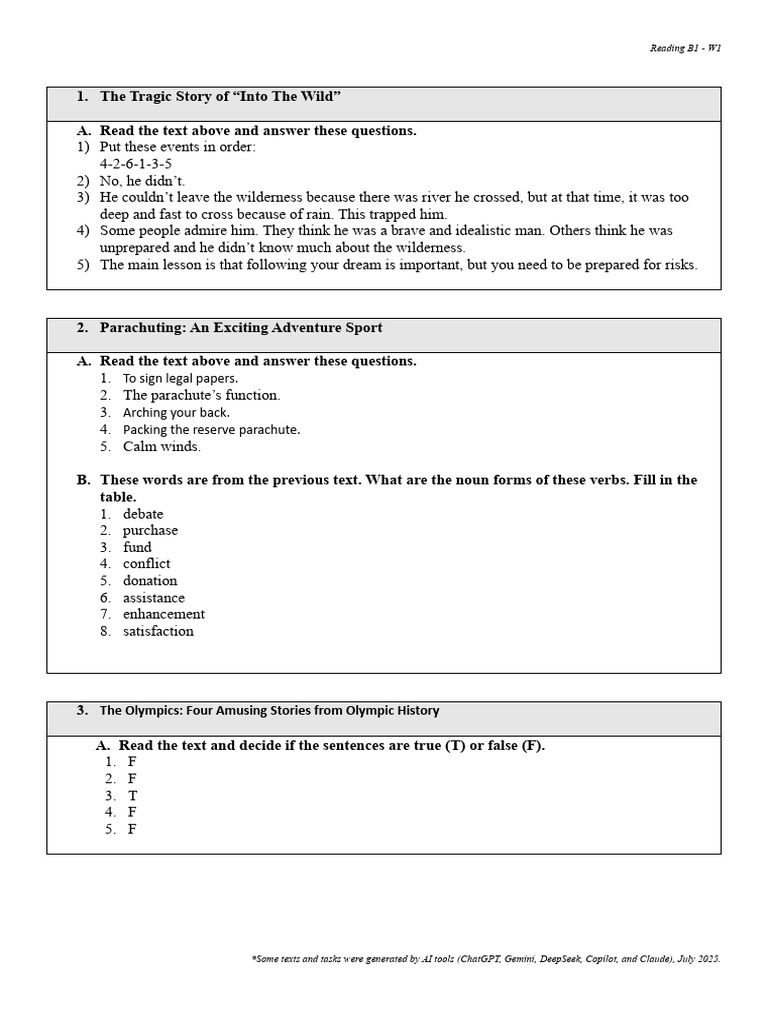 Reading B1 - W1 - Answer Key | PDF | Linguistics