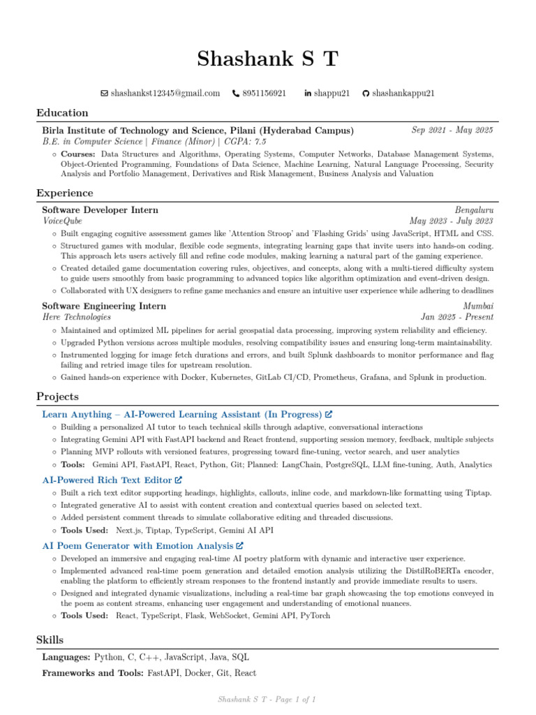 Resume Shashank 09 10 2025 | PDF | Computer Programming | Python (Programming Language)