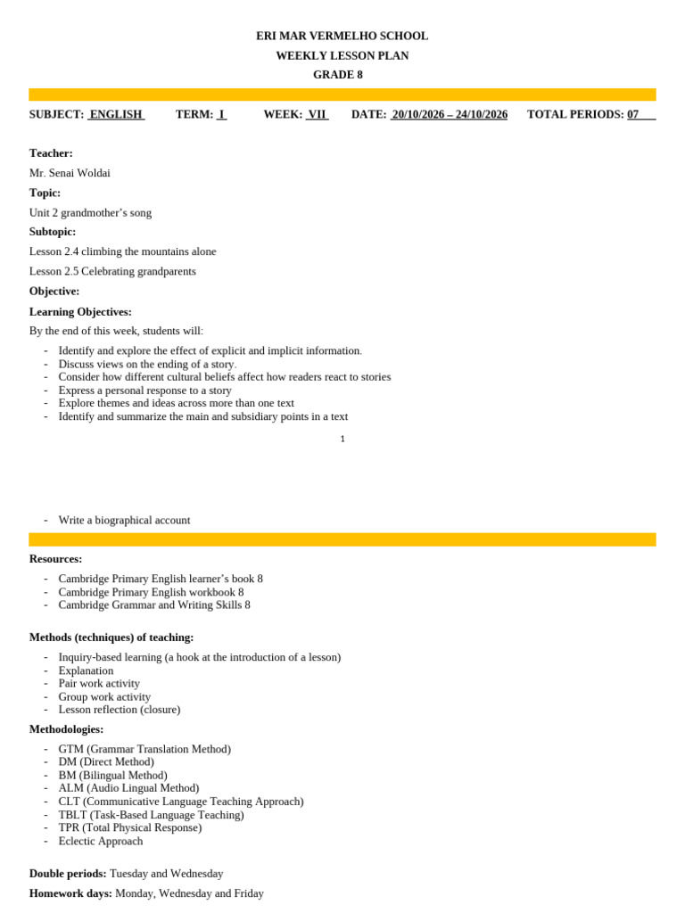 Grade 8 English Weekly Lesson Plan | PDF | Teachers | Learning