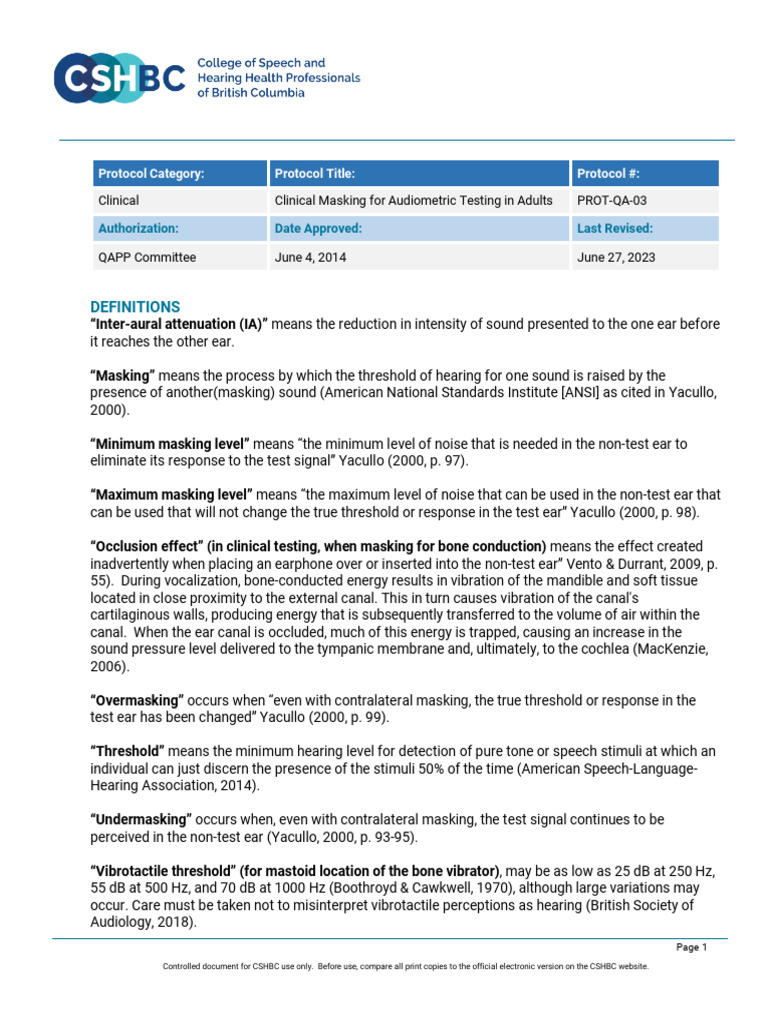 RAUD PROT QA 03 Clinical Masking For Audiometric Testing in Adults 2023 ...
