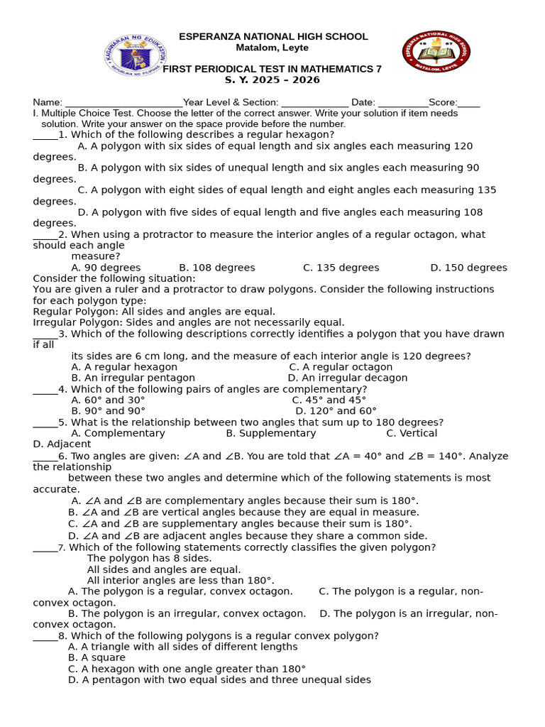 1st Quarter Test in Math 7 | PDF | Triangle | Elementary Geometry