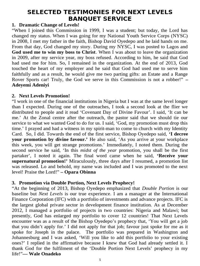 Next Levels Testimonies of Divine Favor | PDF | Religious Belief And ...