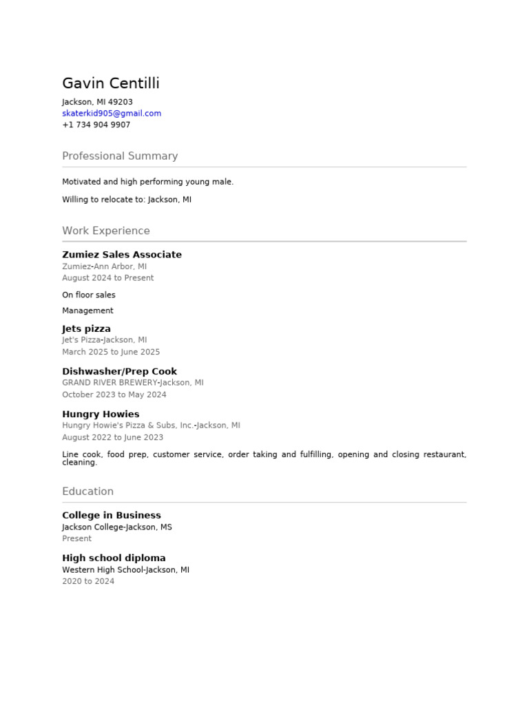 Gavin Centilli's Professional Resume | PDF