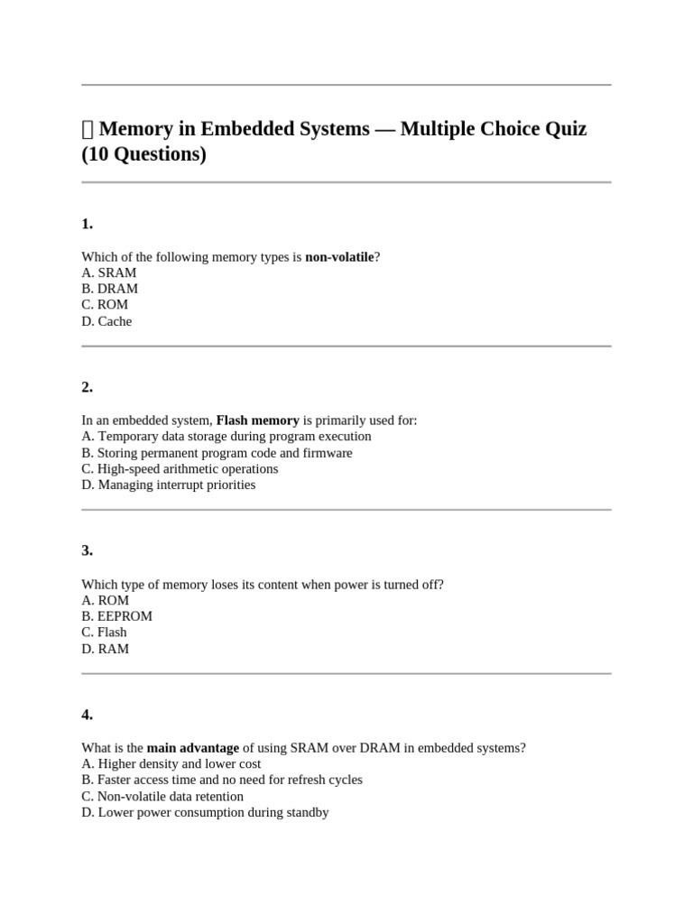 Memory in Embedded Systems - Multiple Choice Quiz (10 Questions) | PDF