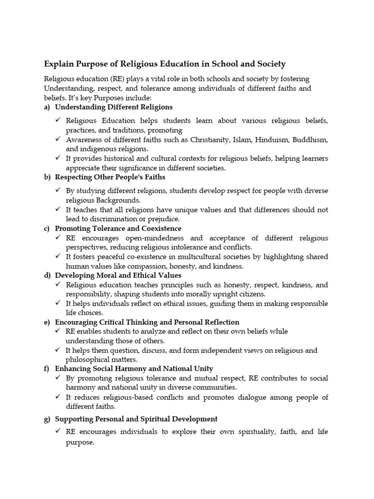 Explain Purpose of Religious Education in School and Society | PDF ...
