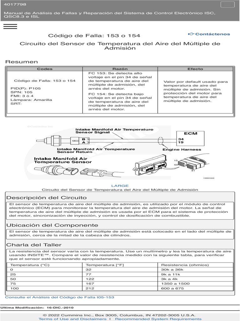 Code 153 o 154 Circuito Del Sensor de Temperatura Del Aire Del Múltiple ...