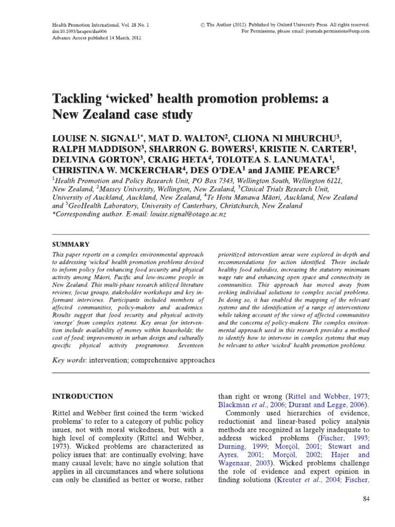 Tackling Wicked Health Promotion Problems - A New Zealand Case Study | PDF