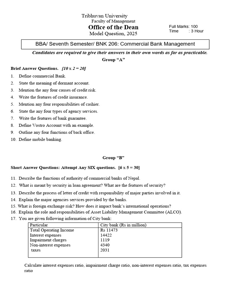 BBA 7th Sem Model Questions for Banking | PDF | Margin (Finance ...