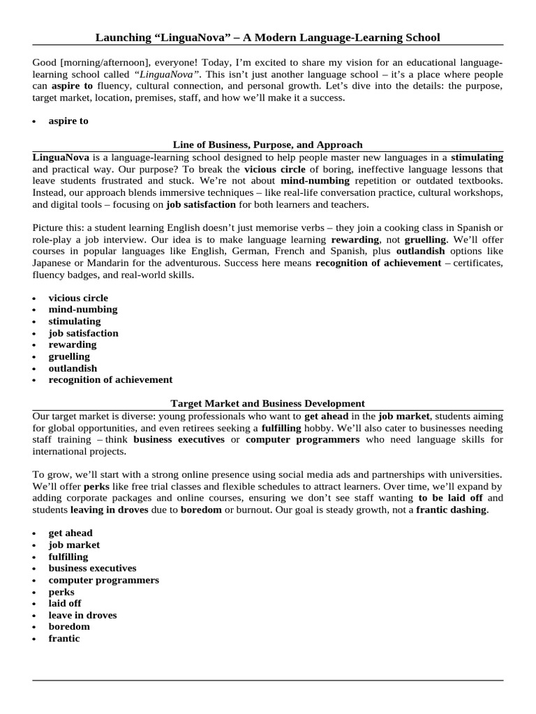 Launching "LinguaNova" - A Modern Language-Learning School | PDF | Language Acquisition ...
