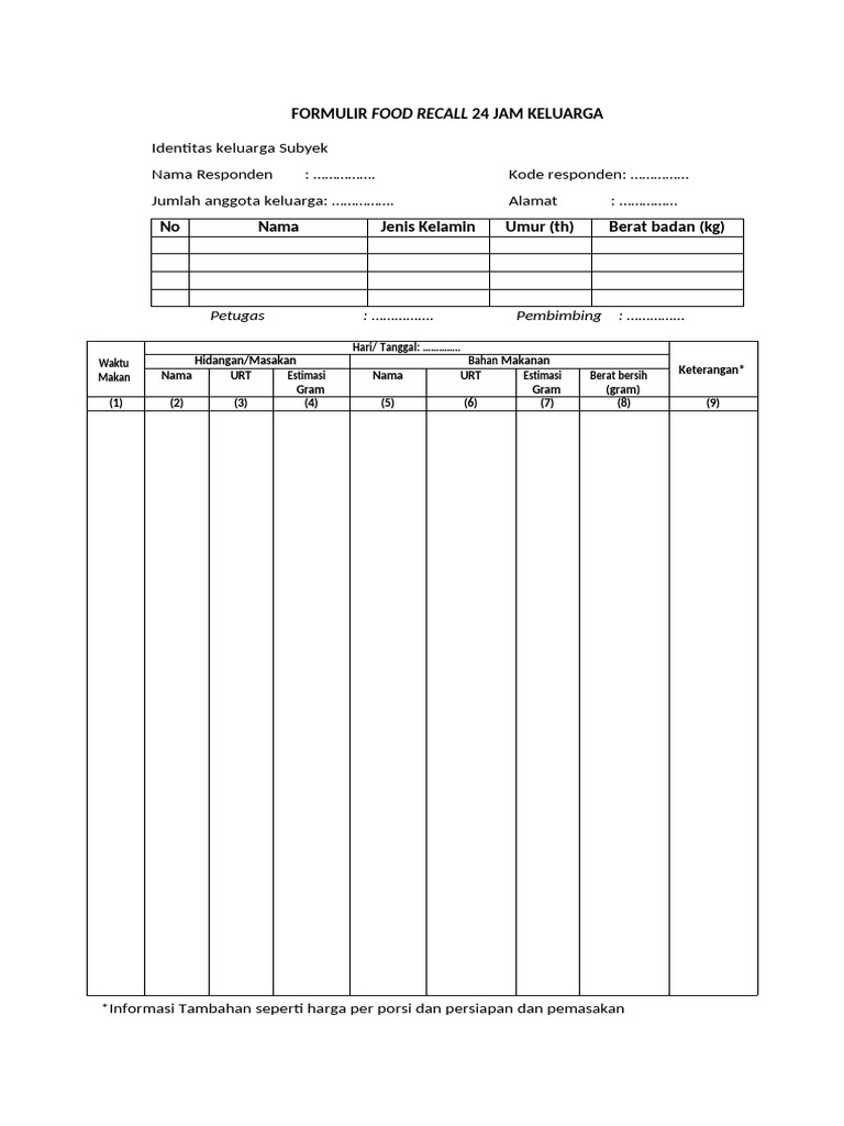 Form Recall 24 Jam Keluarga | PDF