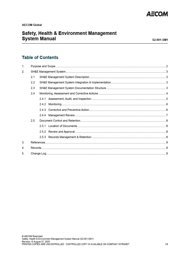 AECOM SH&E Management System Manual | PDF | Audit | Regulatory Compliance