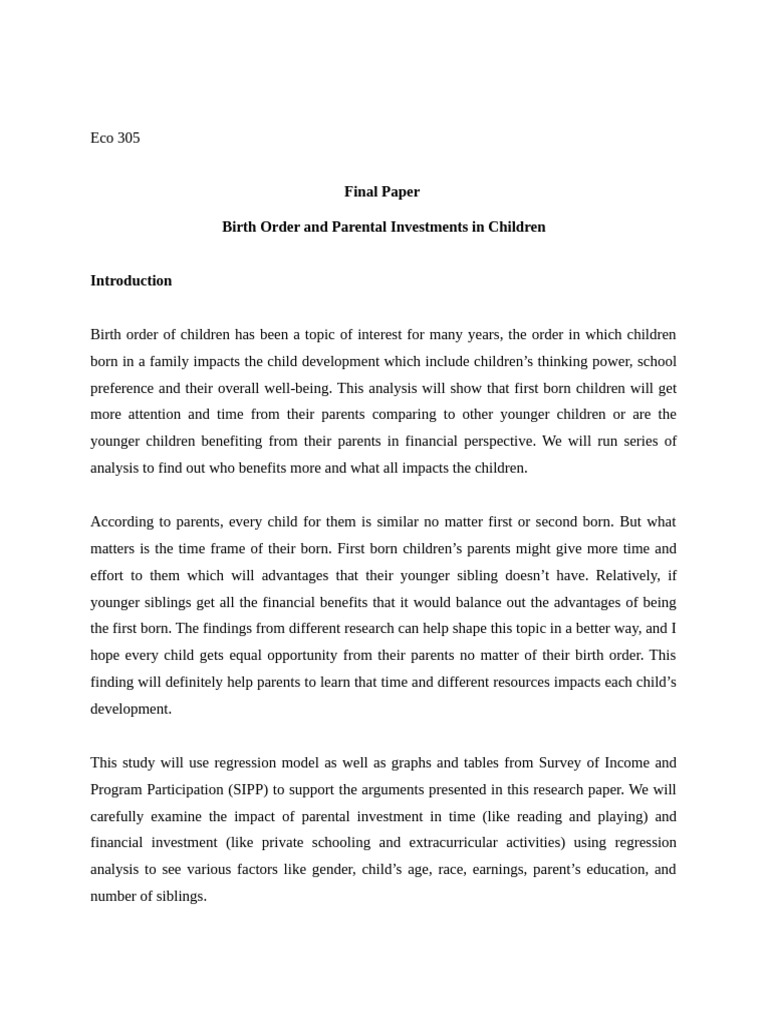 Birth Order's Impact on Parental Investment | PDF | Sibling | Linear ...