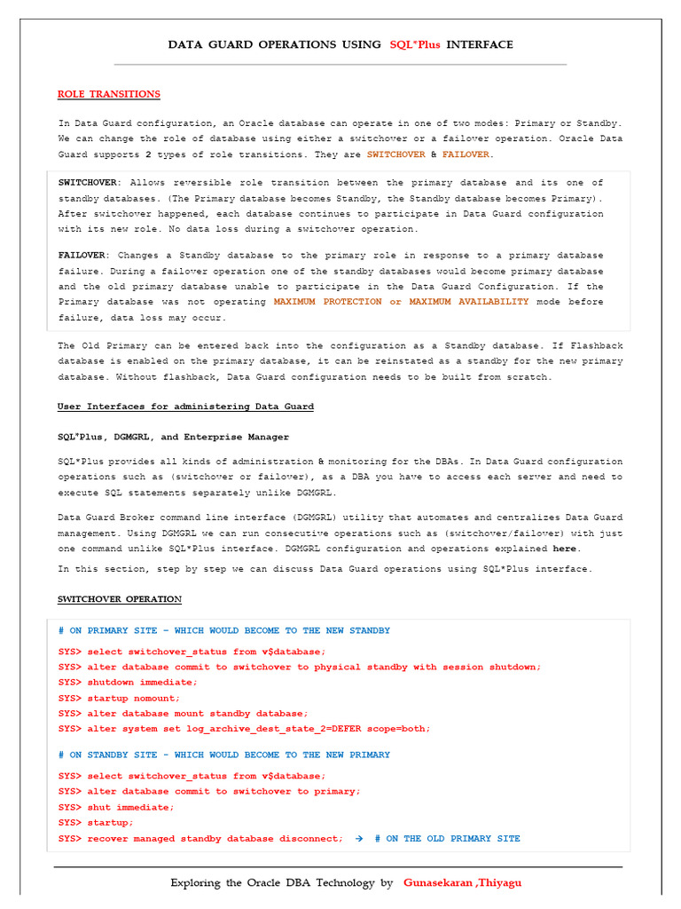 Data Guard Role Transitions in SQL*Plus | PDF | Databases | Database ...