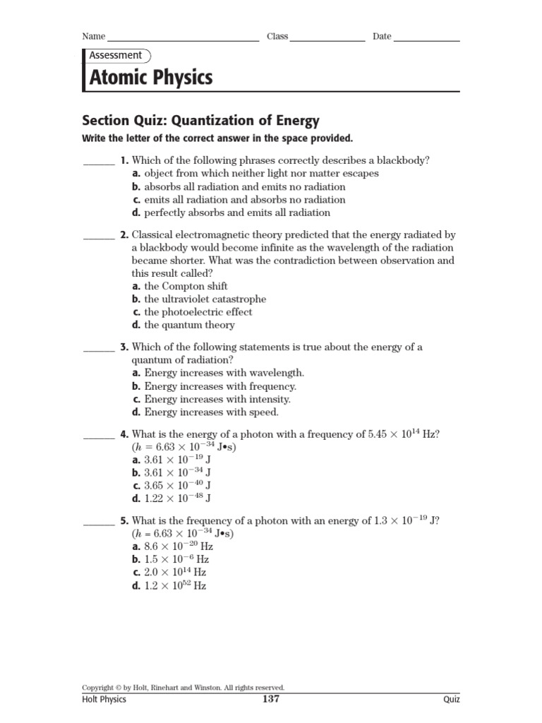 Quiz on Quantum Energy and Atomic Models | PDF | Electromagnetic ...