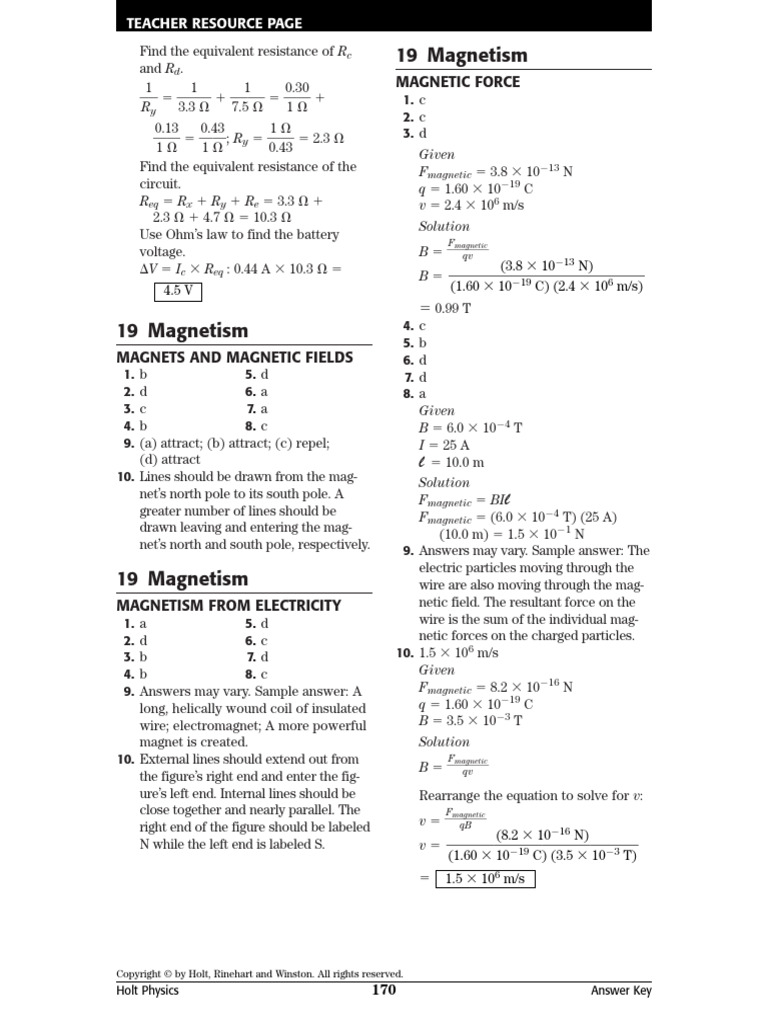 Worksheet (Ch.19) Answer Key | PDF | Magnetic Field | Magnetism