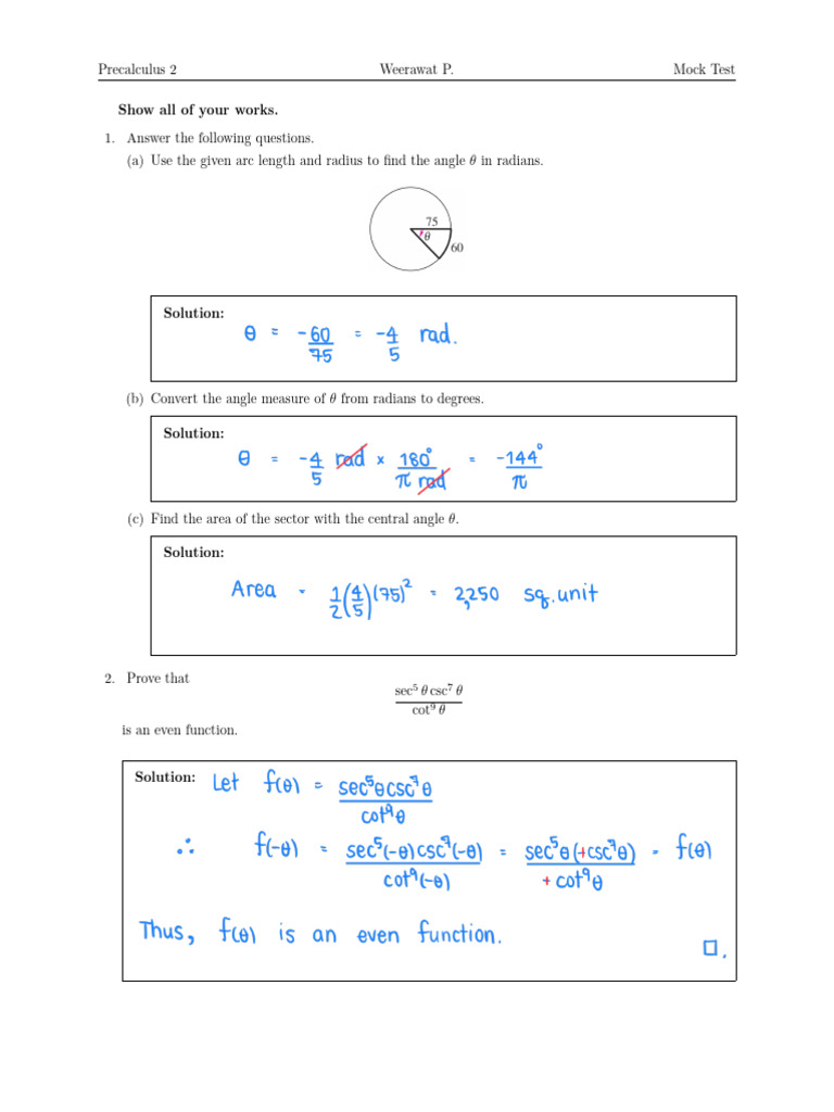 Precalculus 2 Mock Test Solutions | PDF | Angle | Elementary Geometry