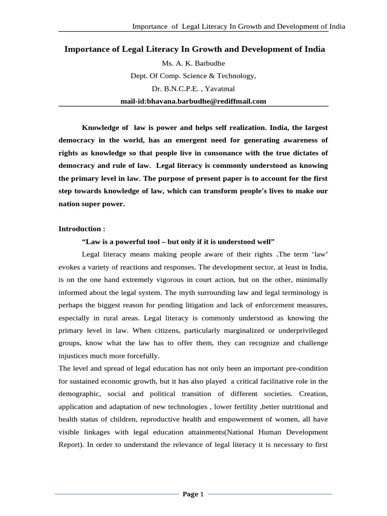 Importance of Legal Literacy in Growth A | PDF | Literacy | Poverty