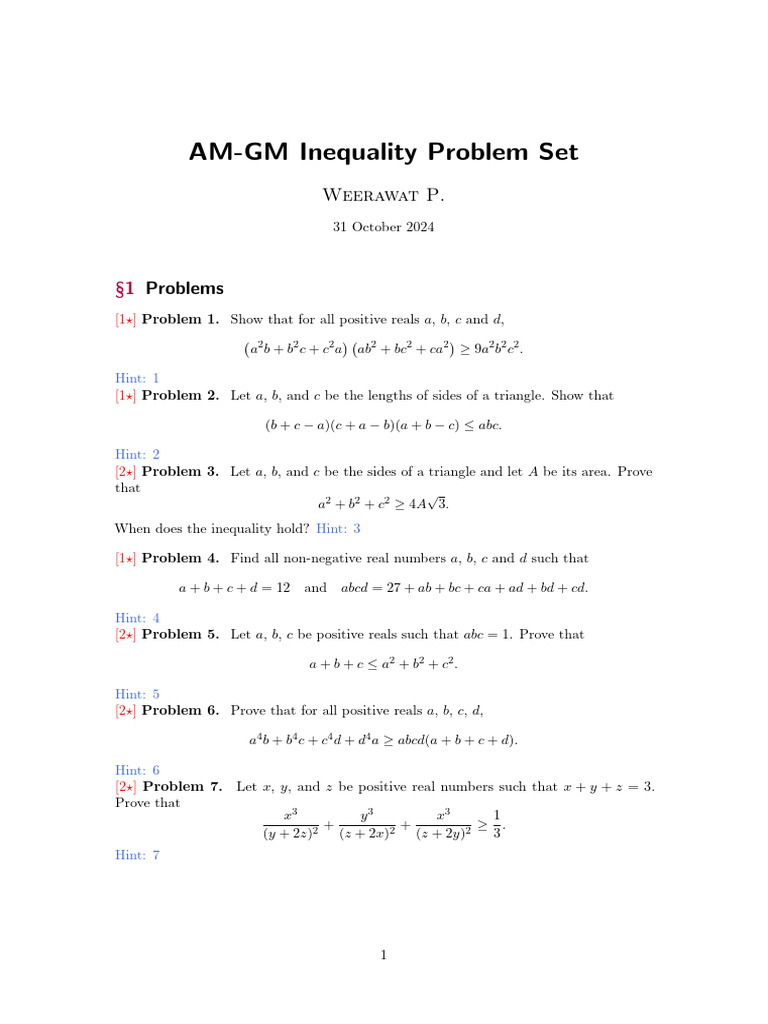 AM-GM Inequality Problem Set | PDF | Inequality (Mathematics) | Chess ...
