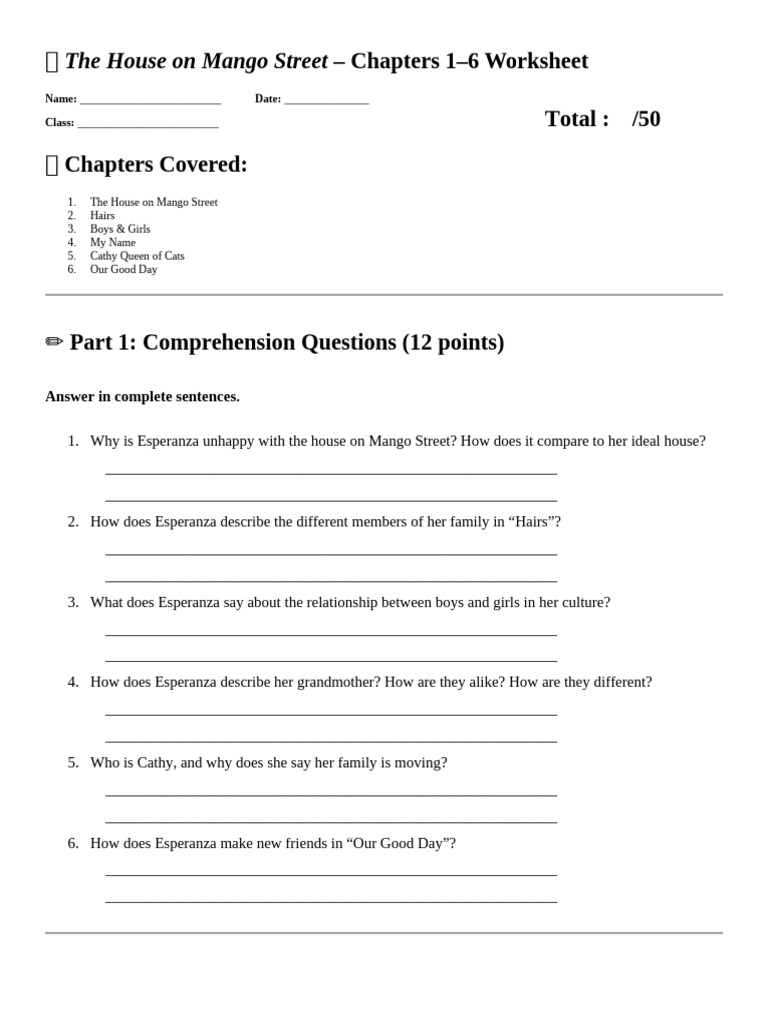 ? The House On Mango Street Chapter 1-6 Quiz 2025 | PDF