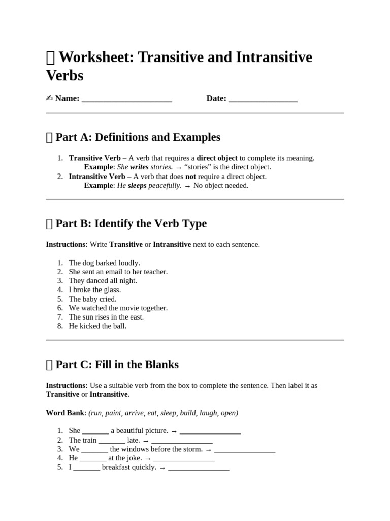 Transitive Vs Intransitive Verbs With Answer Key | PDF | Verb | Syntax