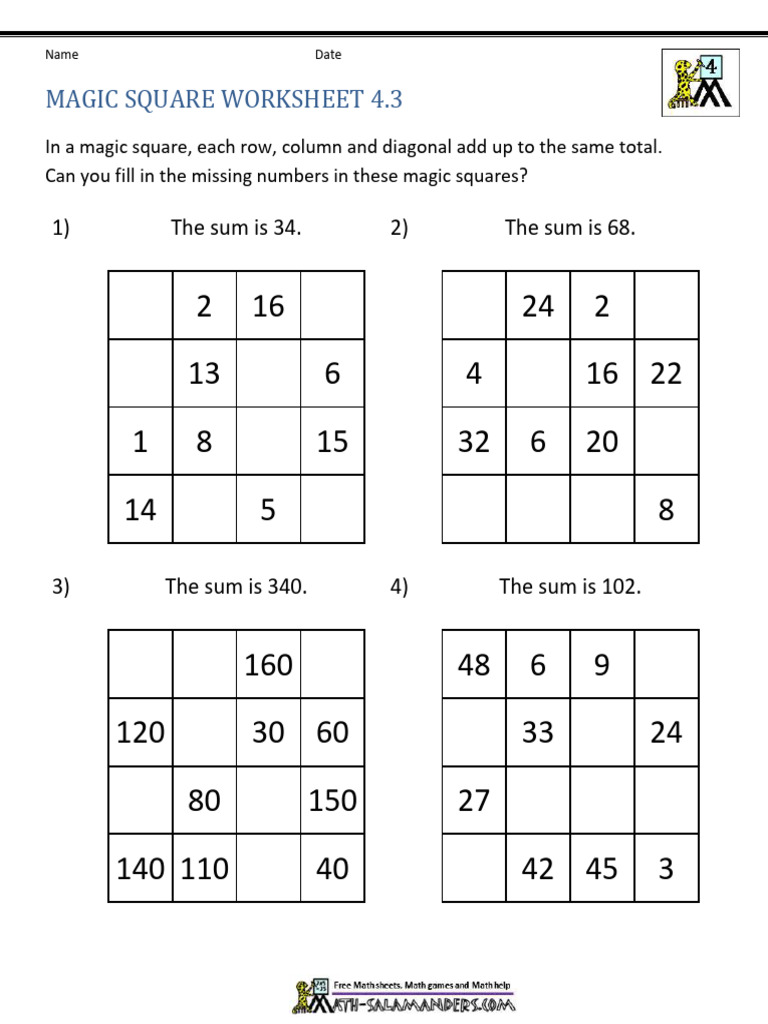 Magic Square Worksheets 4th 3 | PDF