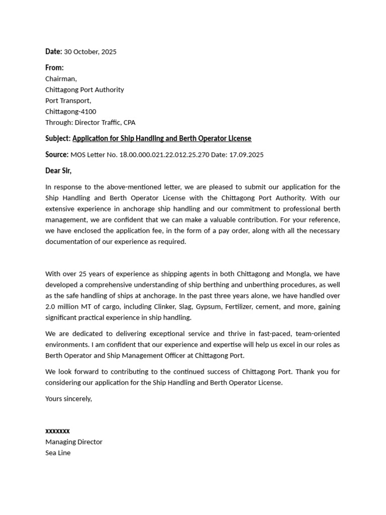 Application For Ship Handling and Berth Operator | PDF
