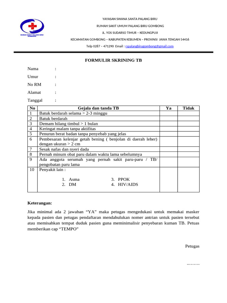Formulir Skrining TB Rumah Sakit Palang Biru | PDF