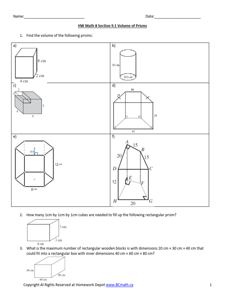 Hw 9.1 Volume of Prisms | PDF