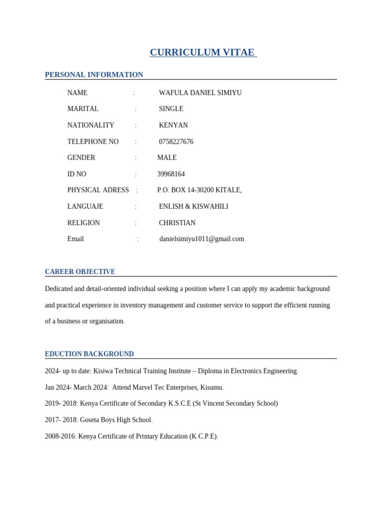 Wafula Daniel Simiyu CV Summary | PDF