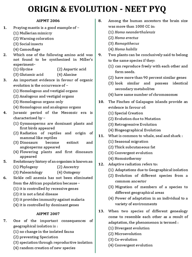 AIPMT NEET Biology Evolution Questions | PDF | Homo | Evolution