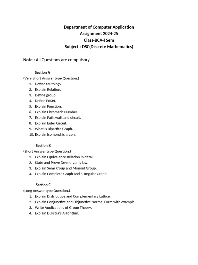 Discrete Mathematics Assignment BCA 2024-25 | PDF