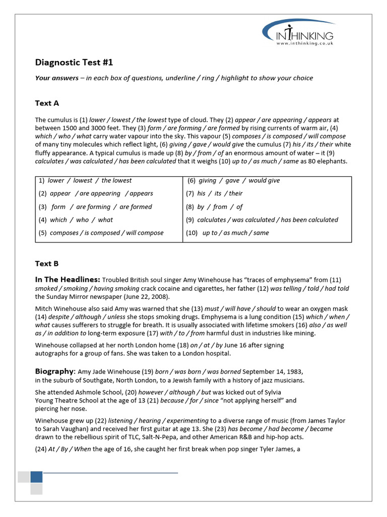 Diagnostic Test on English Grammar | PDF