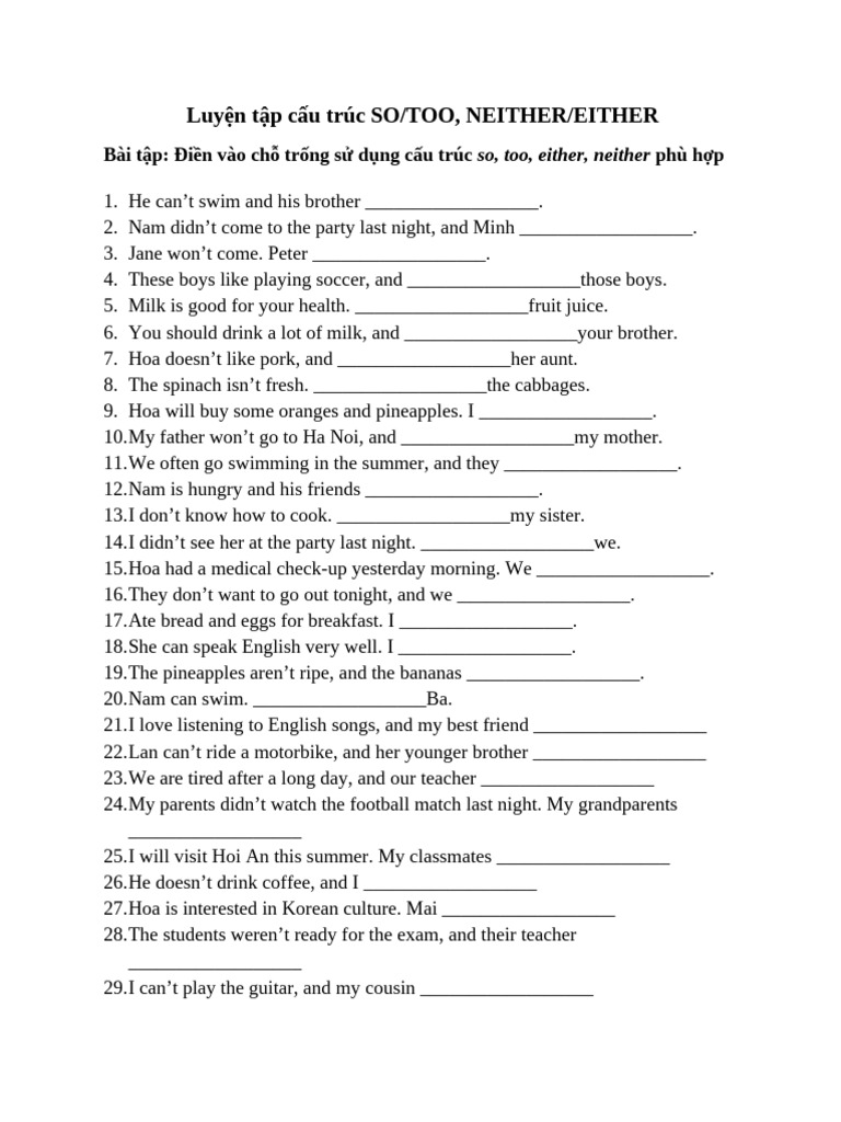 So/Too, Neither/Either Practice Exercises | PDF | Foods