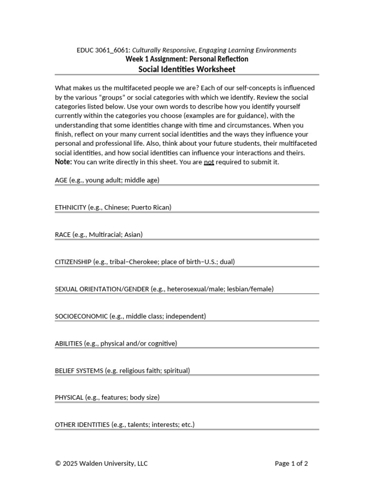 Social Identities Reflection Worksheet | PDF