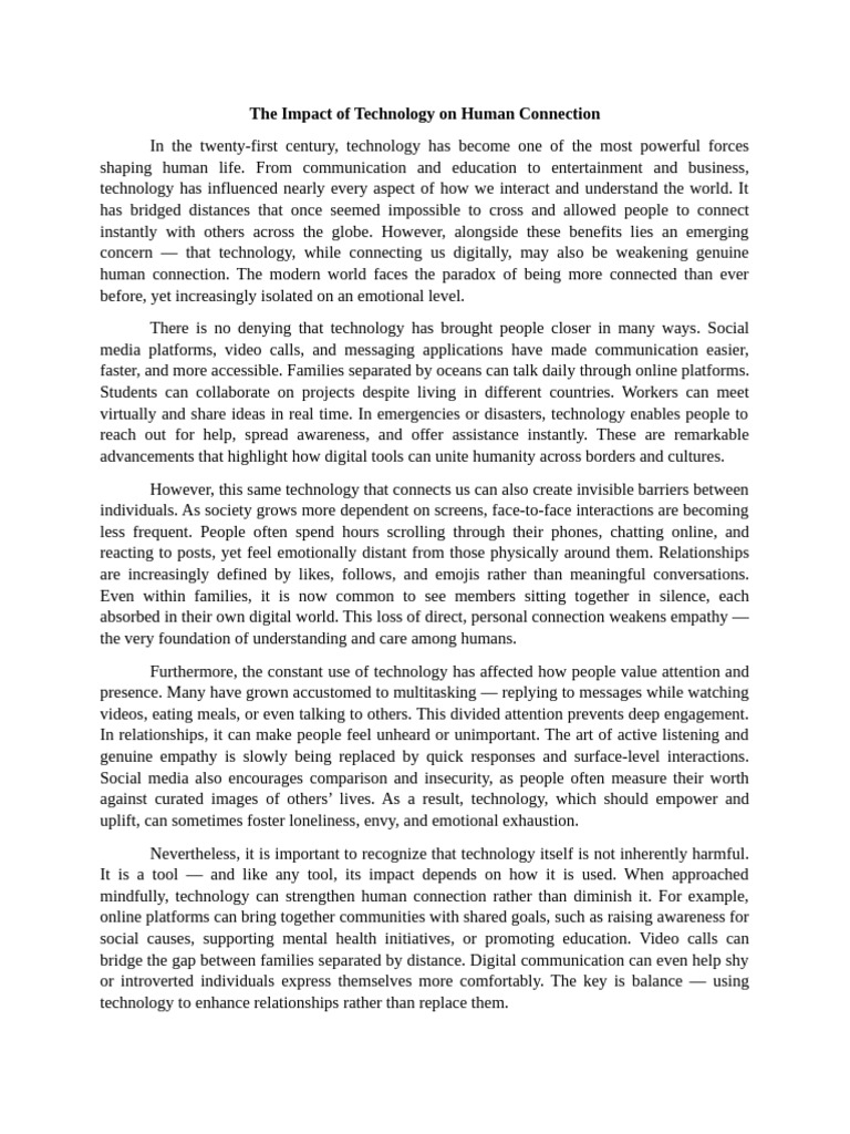 The Impact of Technology On Human Connection | PDF | Communication ...