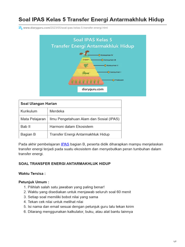 Soal IPAS Kelas 5: Transfer Energi Ekosistem | PDF