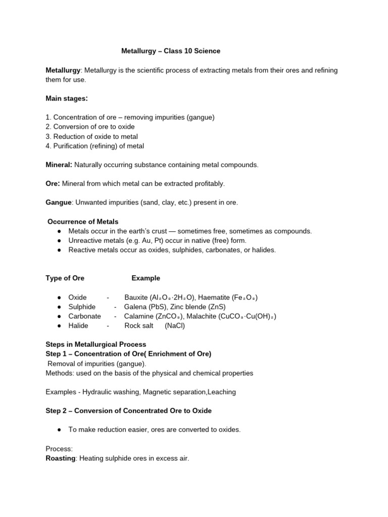 Class 10 Metallurgy Overview | PDF | Ore | Zinc