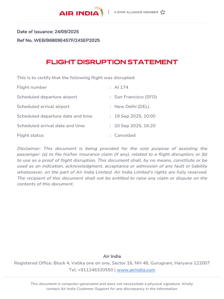 Flight Disruption Statement: AI 174 | PDF