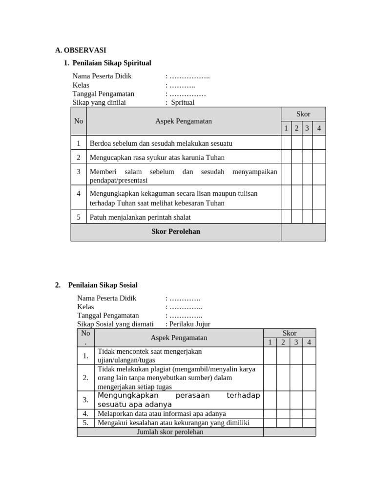Contoh Penilaian Observasi | PDF