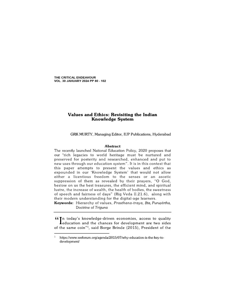 Values & Ethics - Revisiting The Indian Knowledge System - Jan 2024 ...