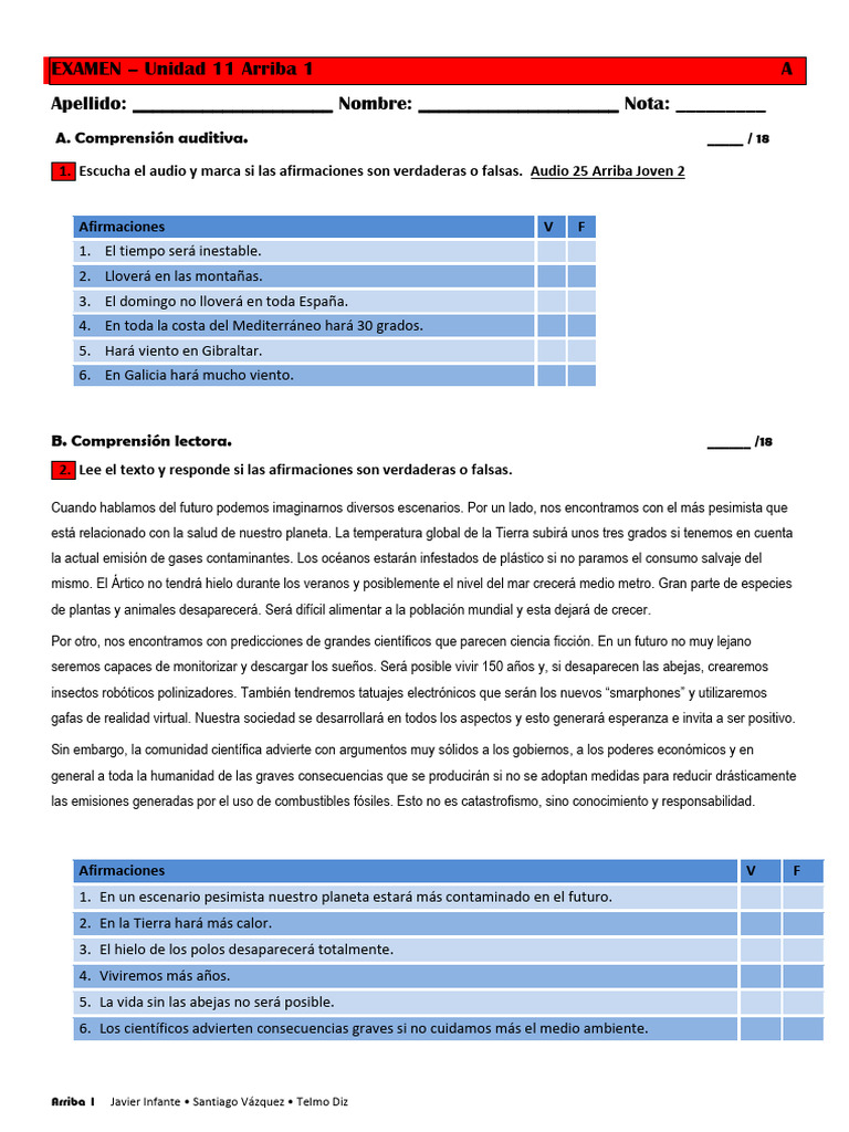 Examen de Comprensión y Gramática en Español | PDF